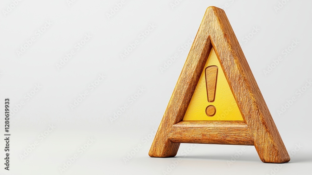 Rustic Wooden Triangle Warning Sign with Golden Exclamation Mark, 3D ...