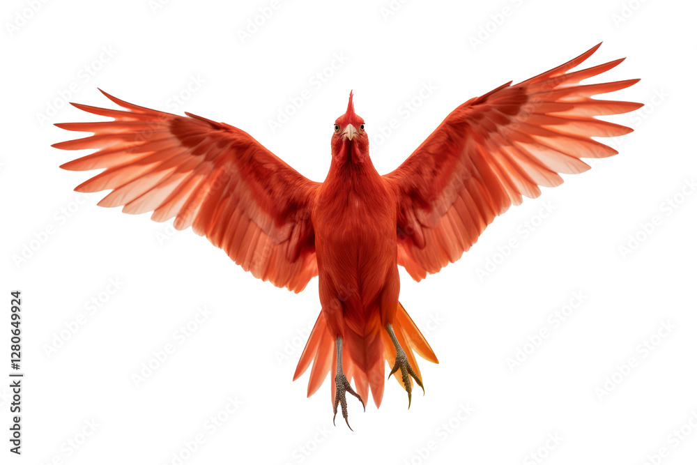 Front view, a red Liver bird is spreading its wings and flying ...