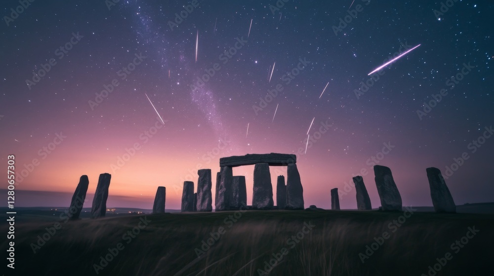 Stone circles under starry night sky, timeless ancient monument ...