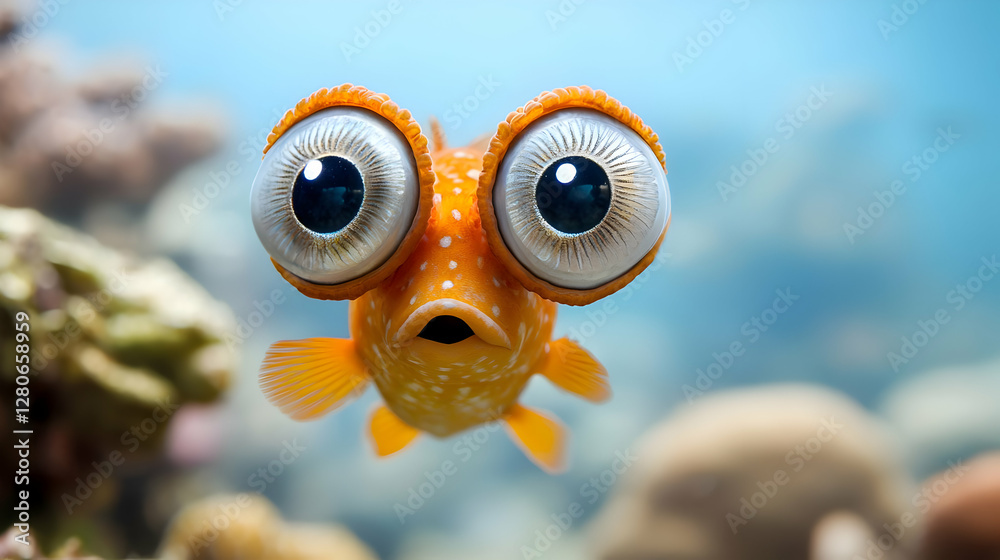Cartoon fish, big eyes, ocean coral, underwater scene, kids book ...
