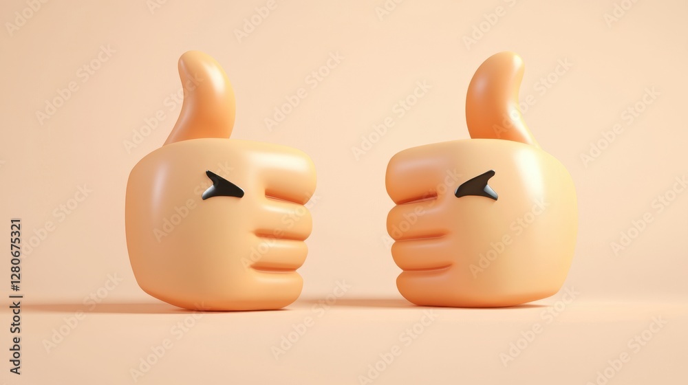 Two playful, animated thumbs up gesture characters with a soft peach ...