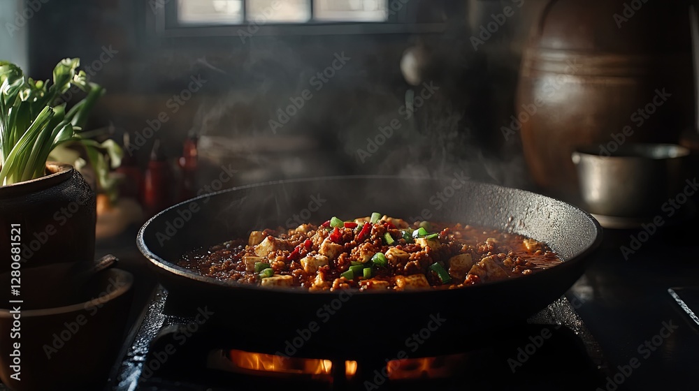 Spicy mapo tofu with ground pork, scallions, and red Sichuan ...
