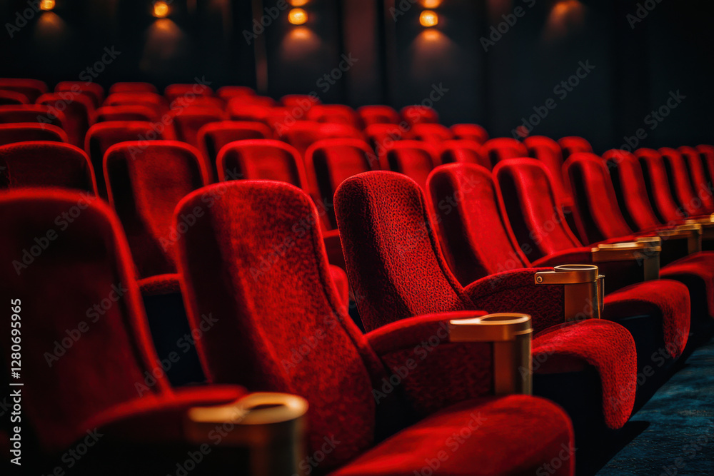 Red velvet cinema seats lined up in rows, classic movie theater setting ...