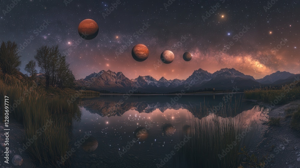spectacular night sky panorama capturing the alignment of five planets ...