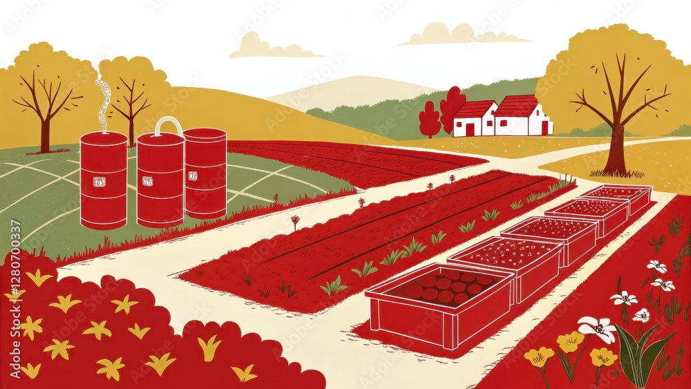 Autumnal farm scene with composting bins and dynamite, rendered in a ...