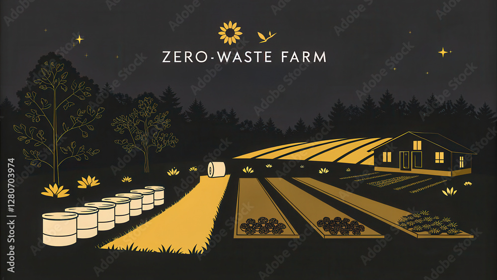 Night view of a zero waste organic farm with composting stations ...