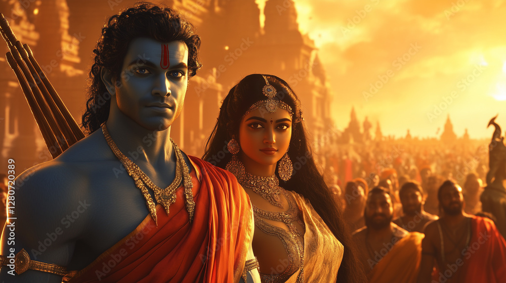 An ultra-realistic cinematic poster of Lord Rama and Sita standing in ...