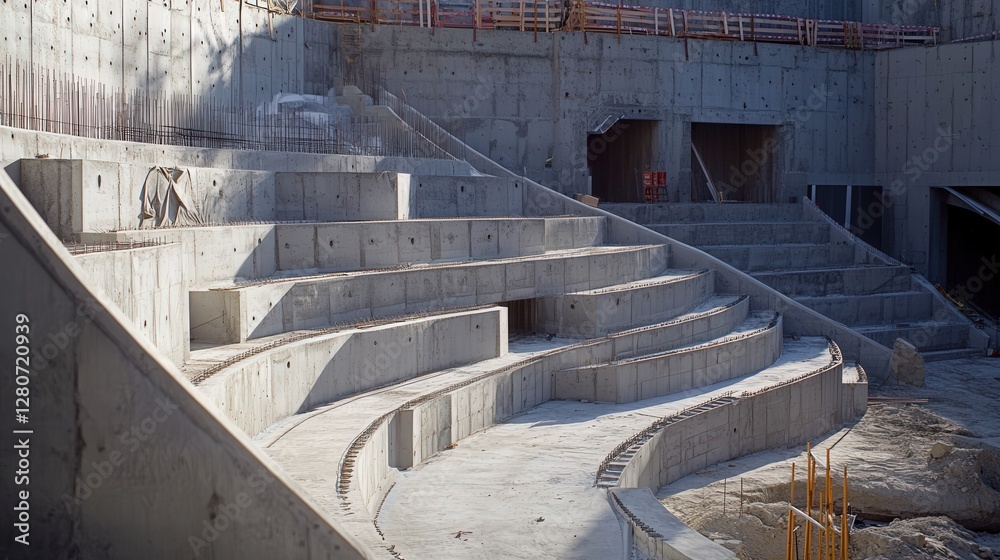 concept of a stadium under construction, with concrete being poured ...