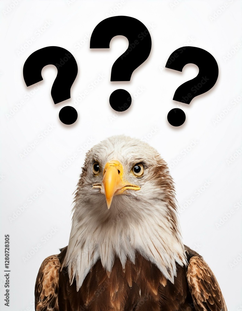 bald eagle portrait headshot with black question marks above the head ...