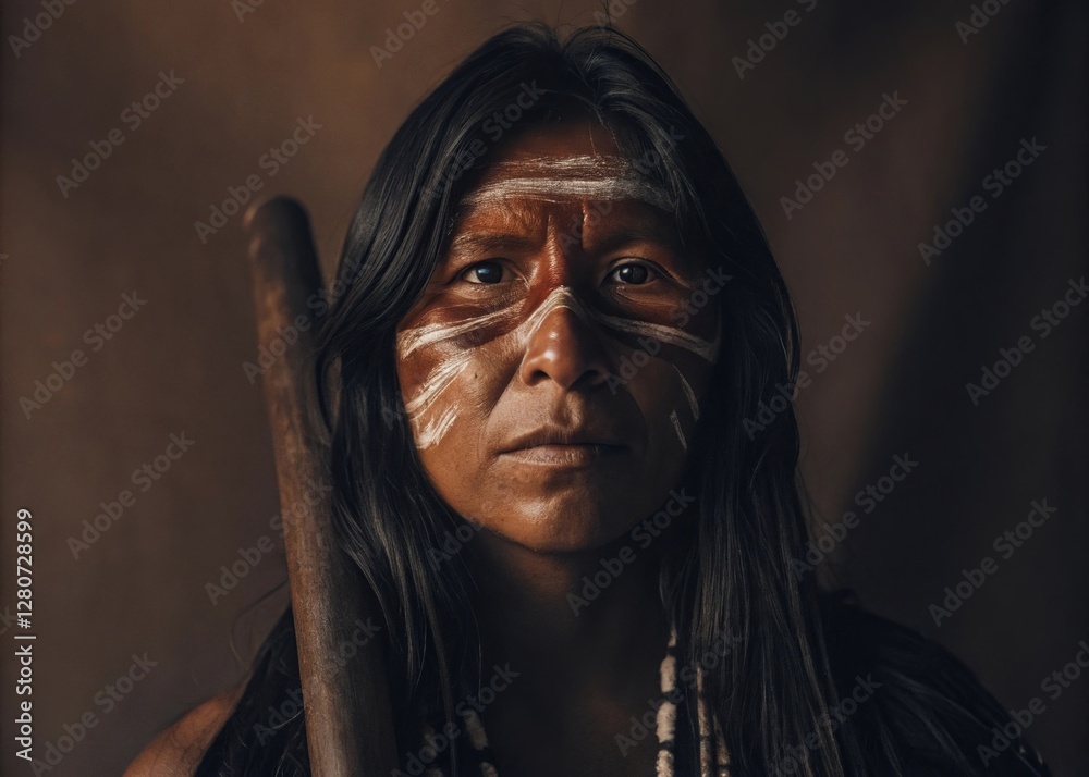 Stoic portrait of indigenous woman with traditional face paint natural ...