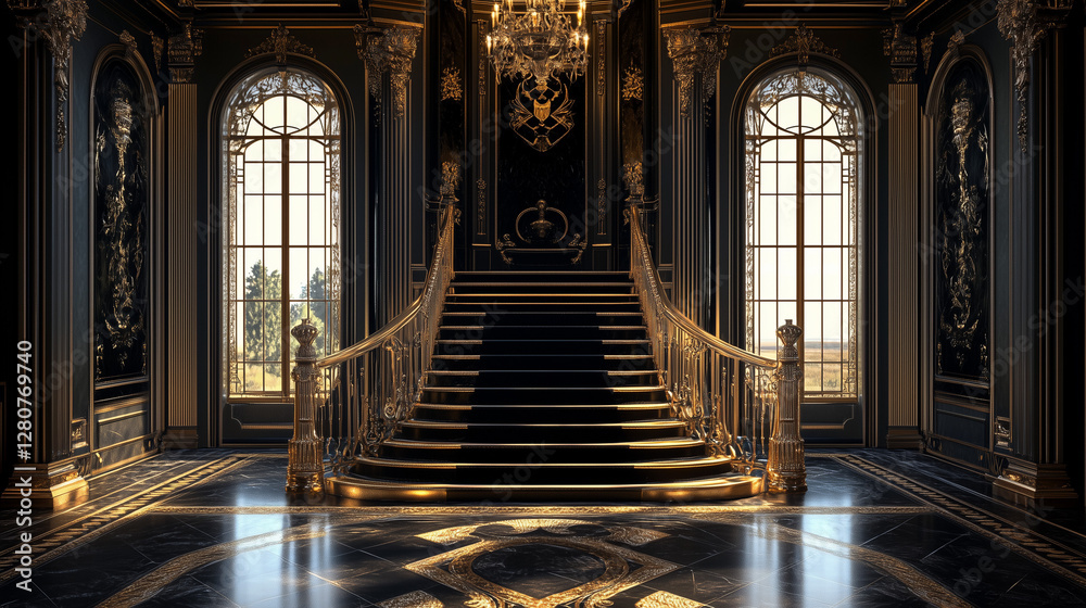 Dark, black and gold baroque interior design palace entrance hall ...