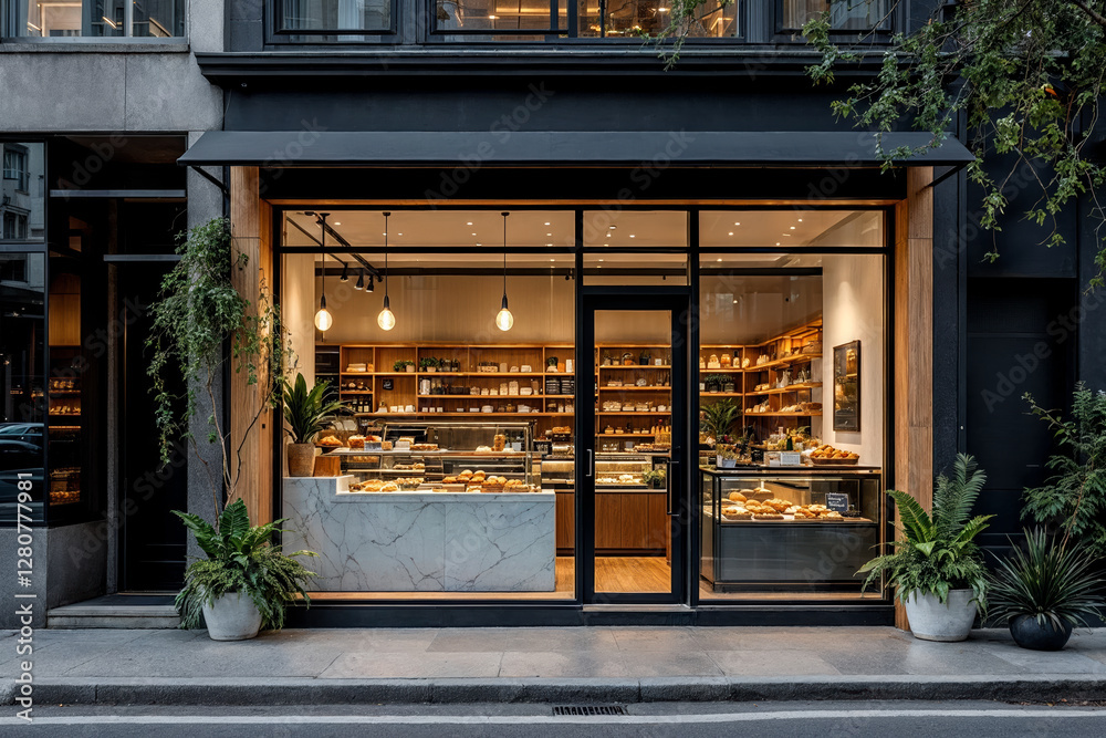 Modern bakery facade with inviting interior showcasing artisan bread ...