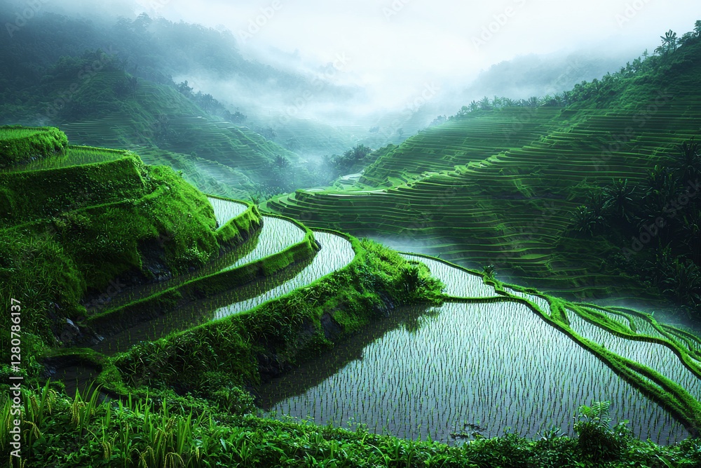 Lush green rice terraces cascade down misty mountainsides in a vibrant ...