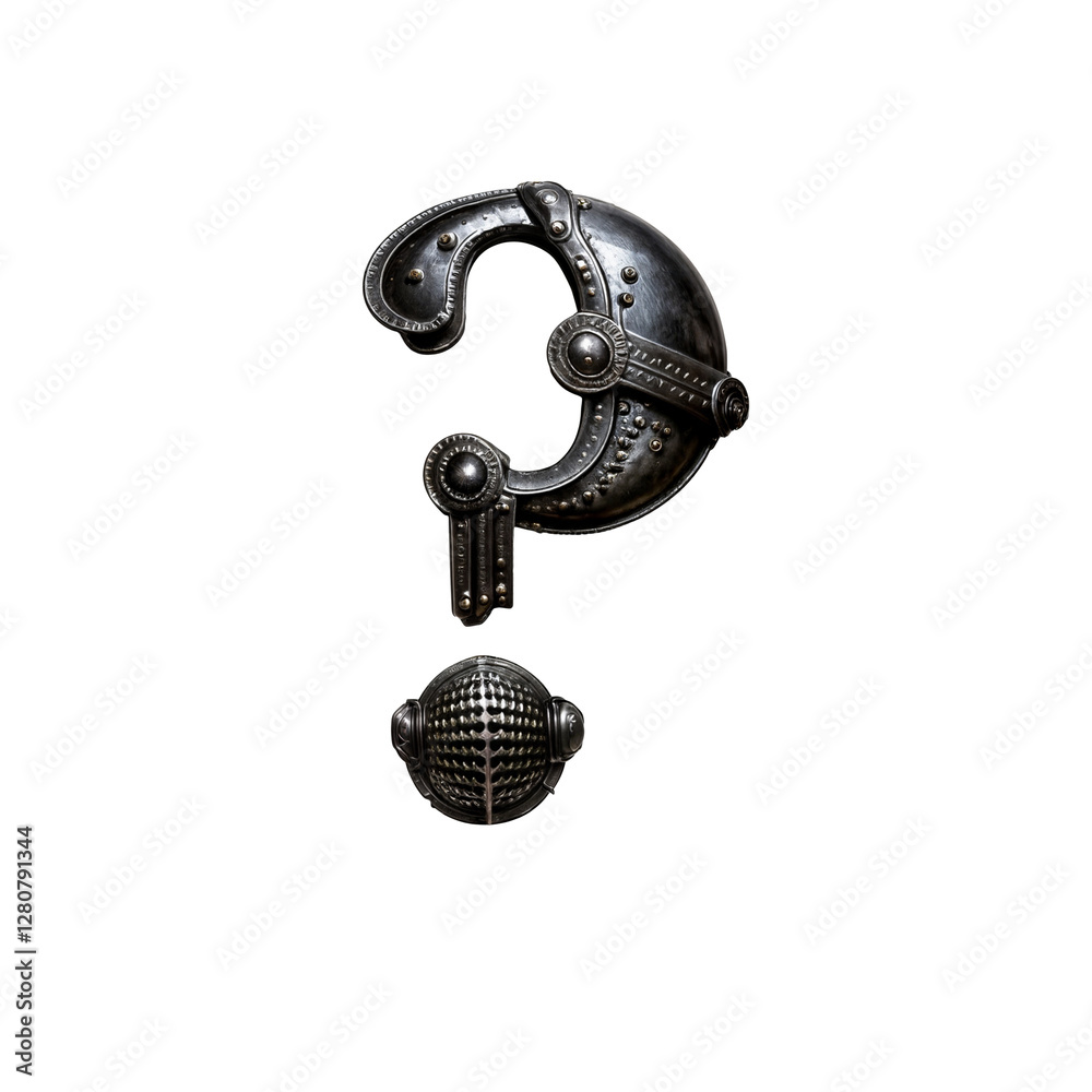 The question mark is forged from dark metal, reinforced with rivets ...