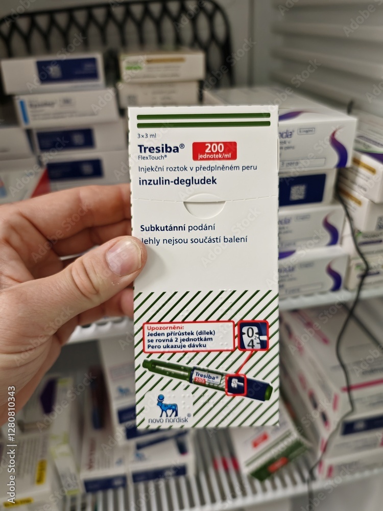 Prague, Czech Republic -February 21 2025: TRESIBA box of medication ...