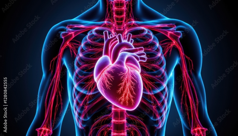 The digital illustration features a detailed depiction of the human ...
