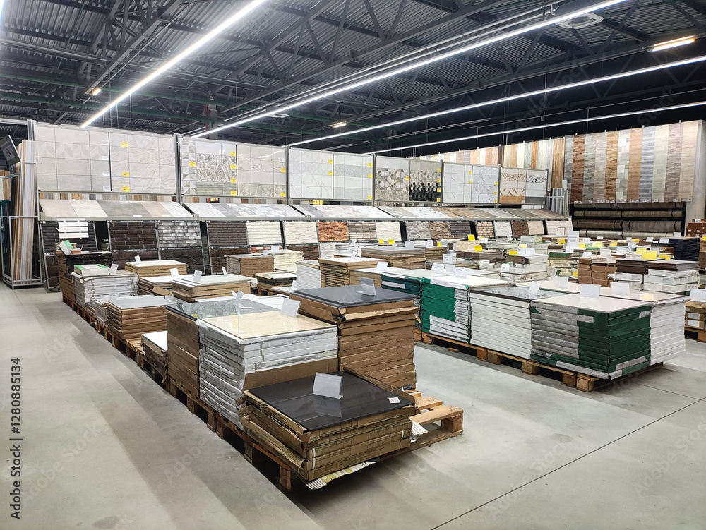 Sale of porcelain tiles and linoleum in a building materials store ...
