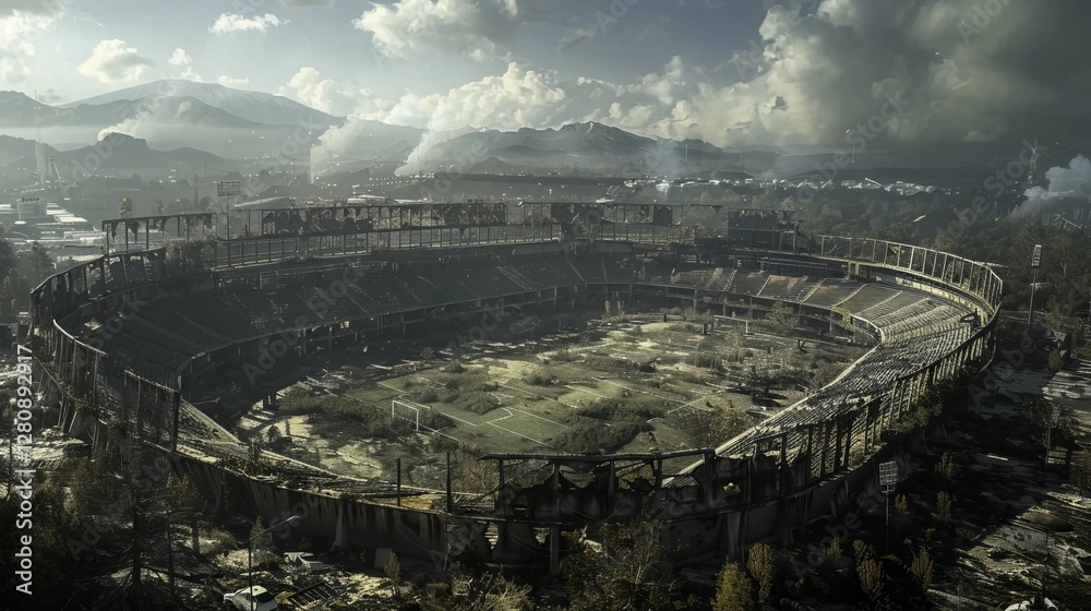 post apocalyptic landscape, abandoned football stadium, desolate ...