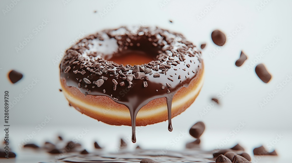 Photo of a chocolate doughnut with white icing and visible liquid ...