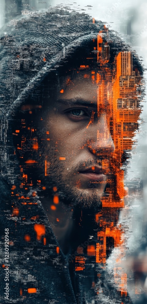 Brooding Urban Male Portrait with Digital Fragmentation Effect in City ...