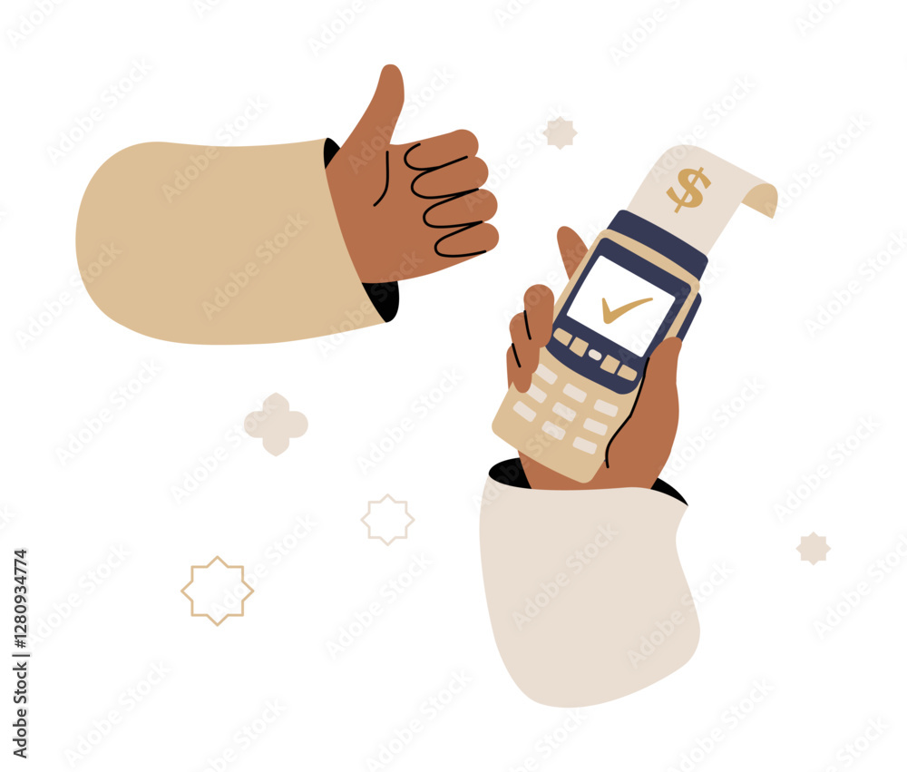 Payment Approval With Card Reader And Thumbs Up In Flat Vector ...