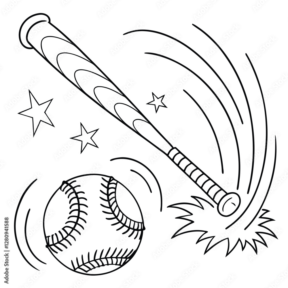 Baseball Bat Hitting Ball Coloring Page: Sports Illustration, Line Art ...
