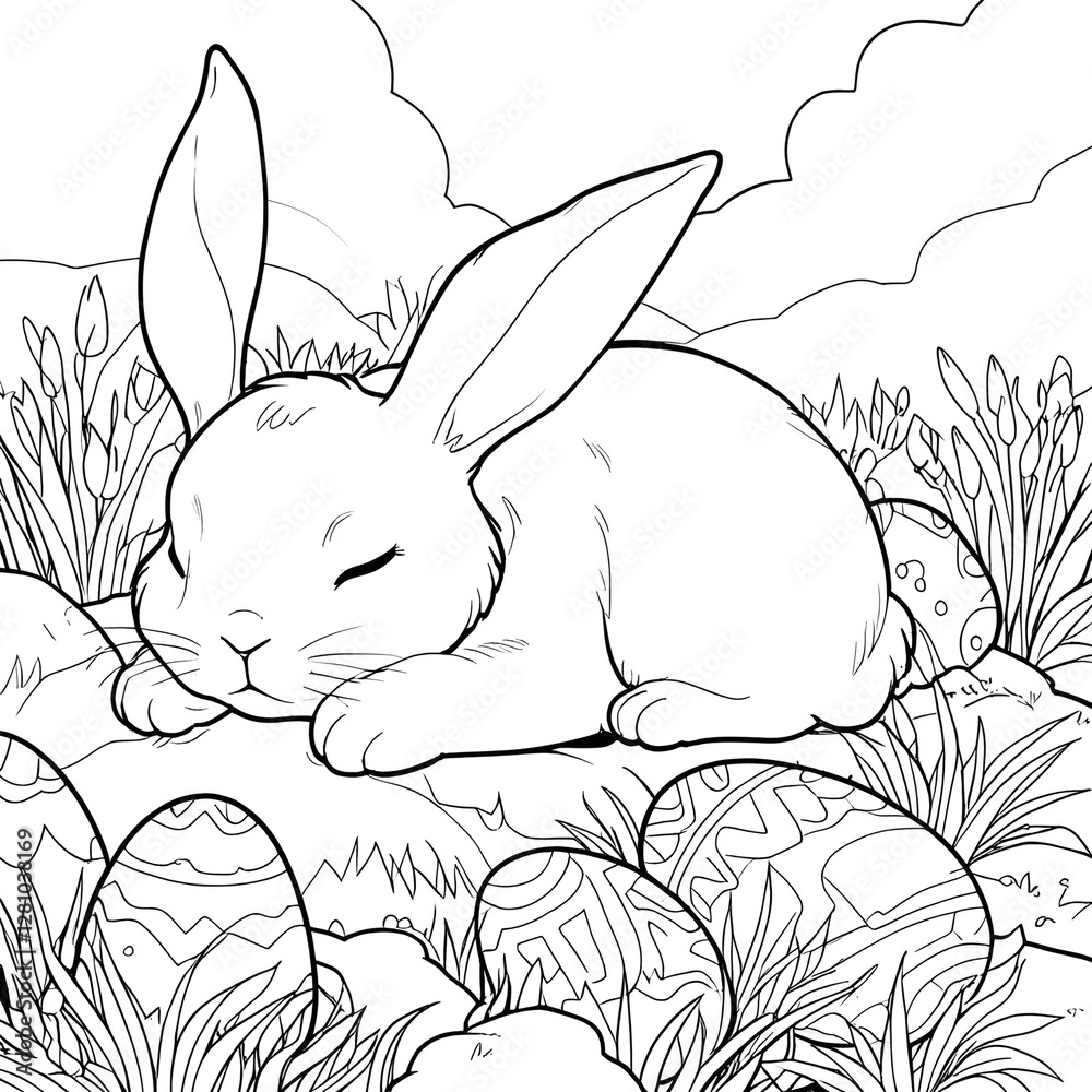 Easy and bold coloring page of a sleeping Easter bunny with eggs, for ...