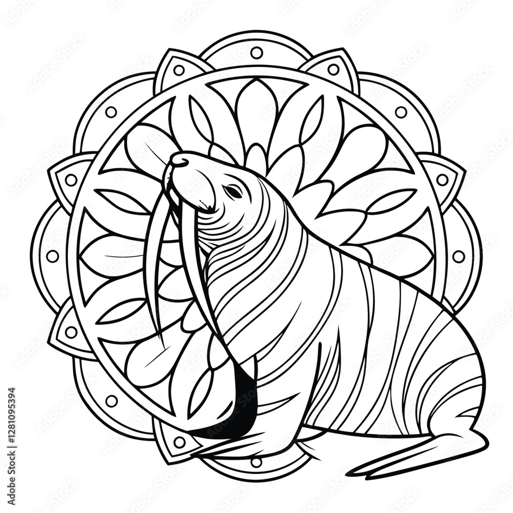 Walrus Mandala Coloring Page: Detailed Line Art of Arctic Animal in ...