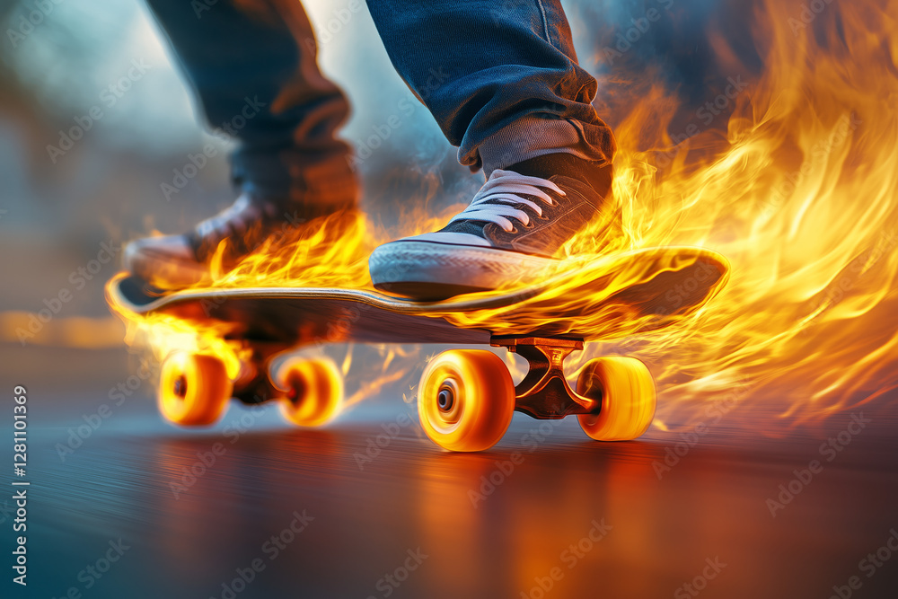 Guy person fast skateboarding on street with burning fire flames wheels ...