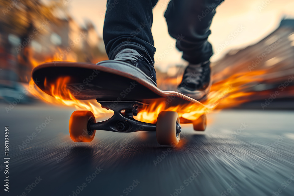 Guy person fast skateboarding on street with burning fire flames wheels ...