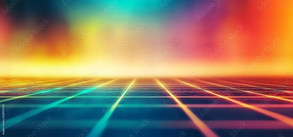 Abstract stage design featuring a vibrant retro-futuristic background ...