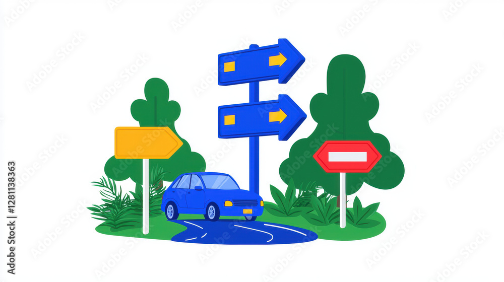 Itinerary, Road trip itinerary featuring a car and road signs in high ...
