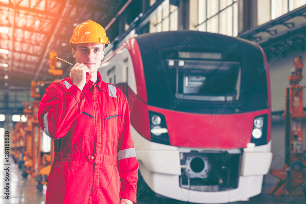 Electric train technician engineer checking controls system for ...