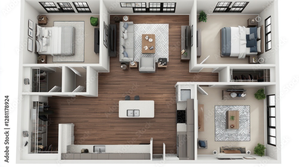 Two-bedroom apartment floor plan with open concept living, kitchen island, and hardwood floors ...