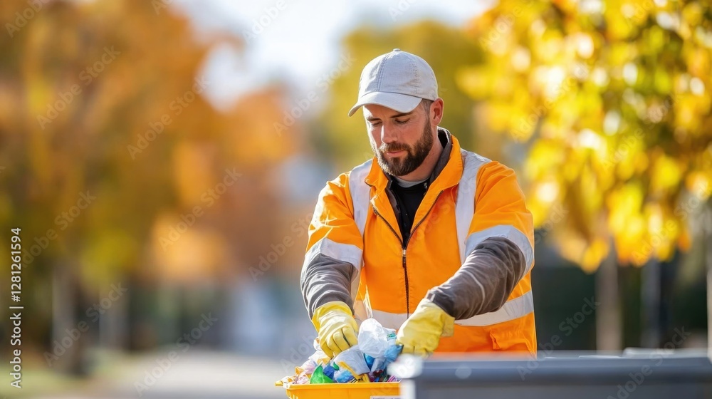 reflective worker organizing recyclables into labeled bins in public ...