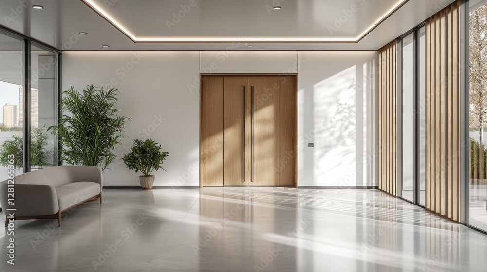 Light floods the contemporary room through large windows, illuminating ...