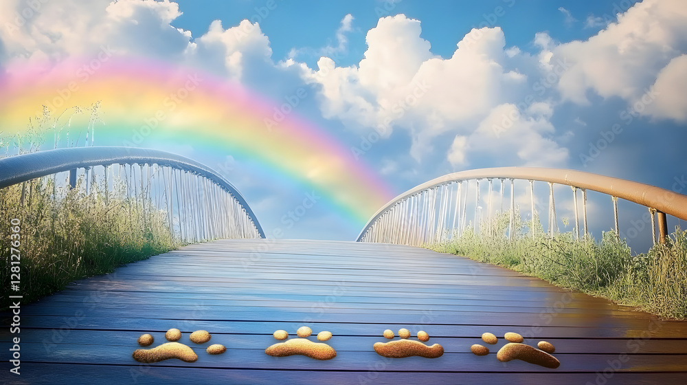 Rainbow bridge leading to the sky with paw prints along the path ...