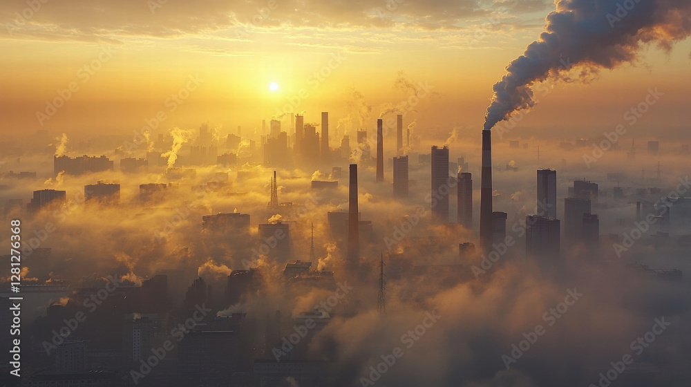 Smog air pollution, PM 2.5 dust particulate matter, cityscape shrouded ...