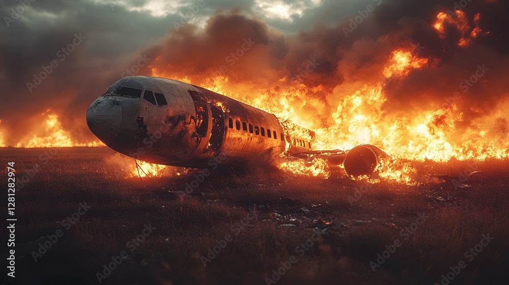 Dramatic scene of a plane crash explosion engulfed in intense flames ...