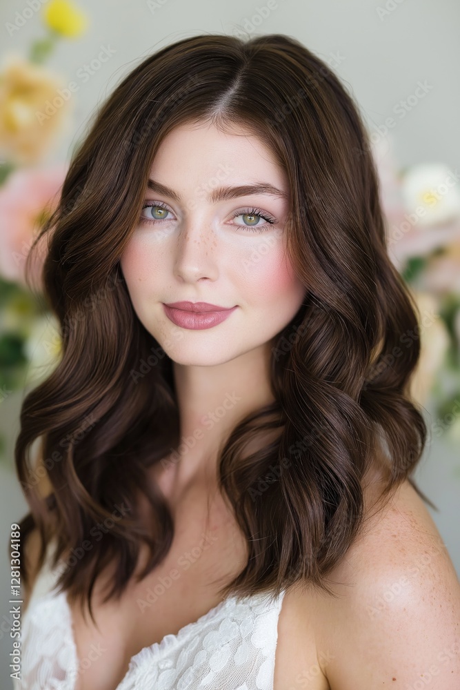 Georgian or slavic woman with medium dark brown hair in loose waves and ...