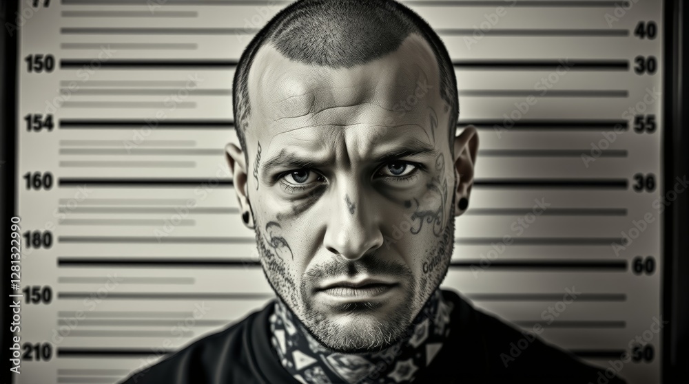 Mugshot of a Scruffy Man with Facial Tattoo, Intense Look, Police ...