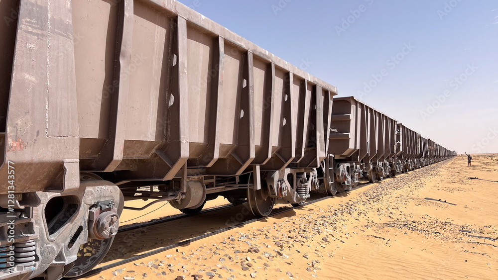 Ore wagons belonging to the train that crosses the Mauritanian Sahara ...