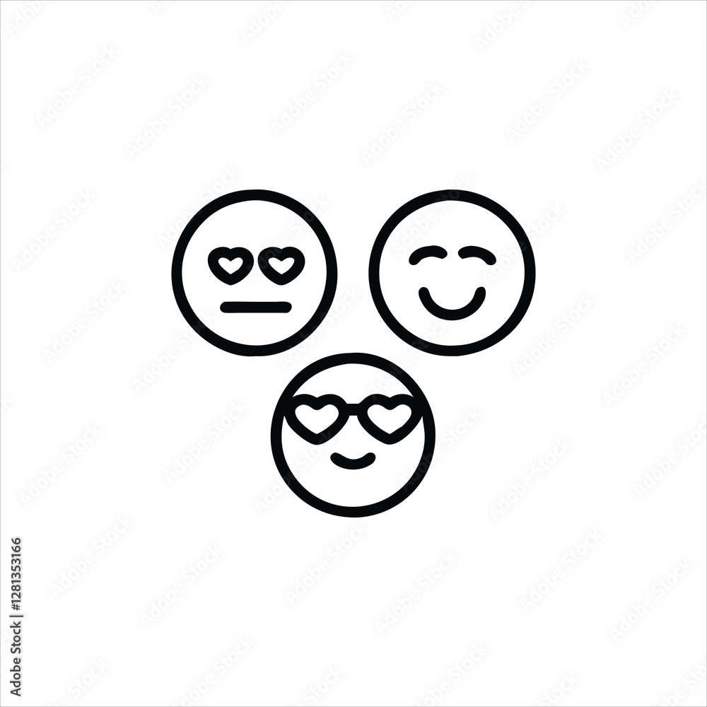 "A 3x3 grid of simple, black-and-white, outline-style emoji faces. Each ...