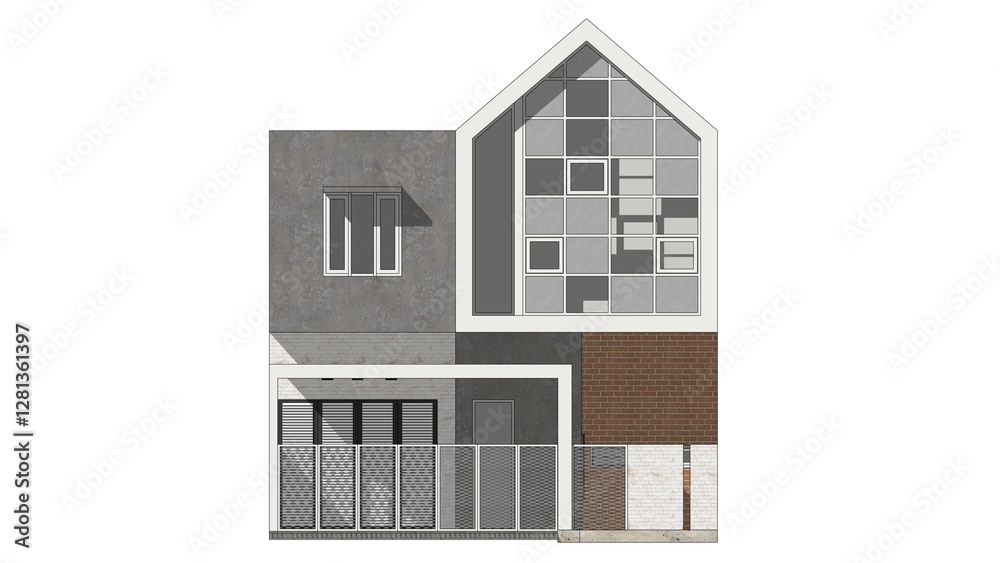 2D facade of a modern house. Grey and white tones, geometric shapes ...