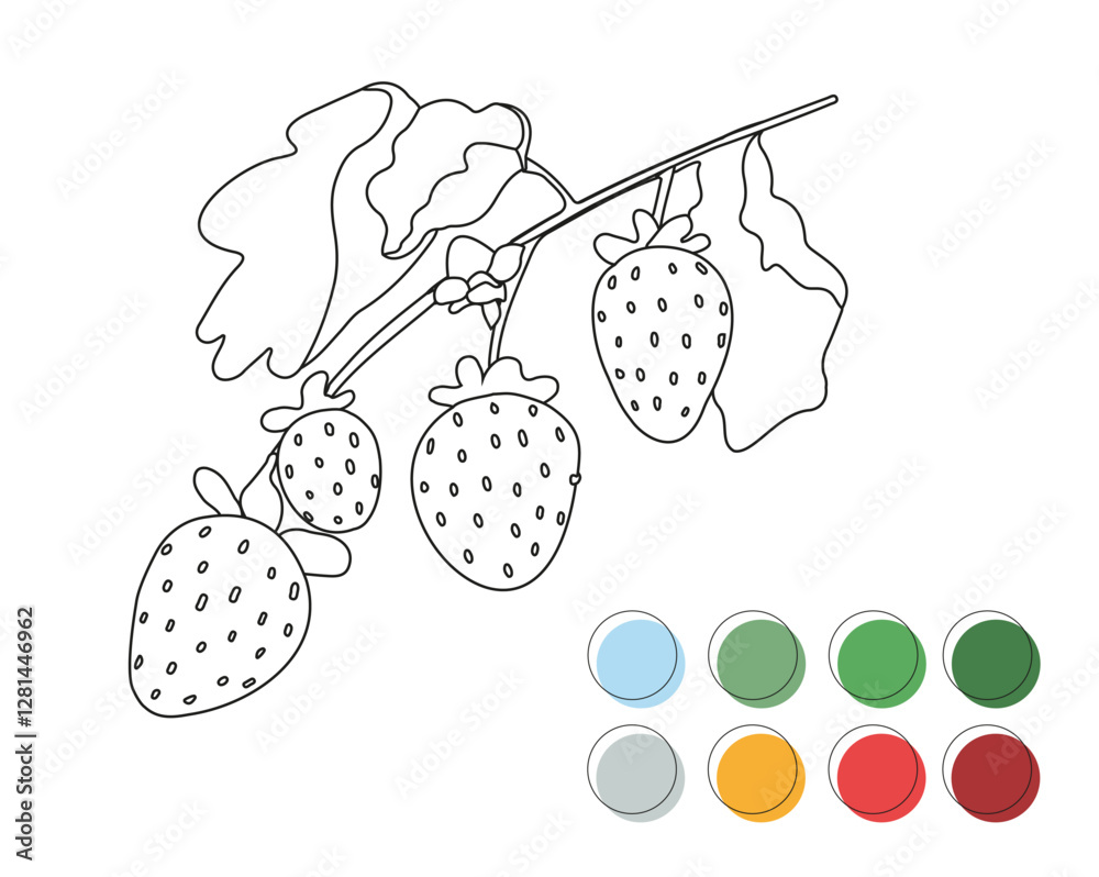 A minimalist coloring page featuring a strawberry branch and a color ...
