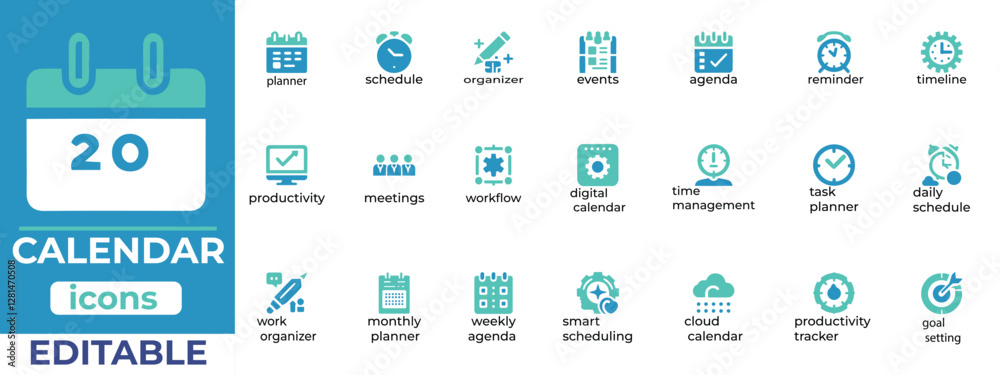 Modern calendar vector icons for planners, schedules, and productivity. Clean, editable, and ...
