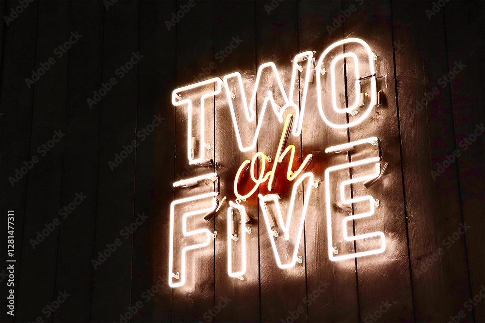 Neon sign displaying the words "TWO oh FIVE" in a stylized font, with ...