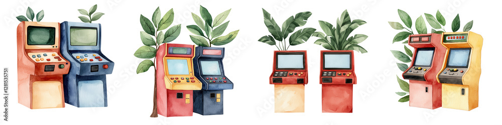 Vintage arcade machines surrounded by tropical plants create nostalgic ...