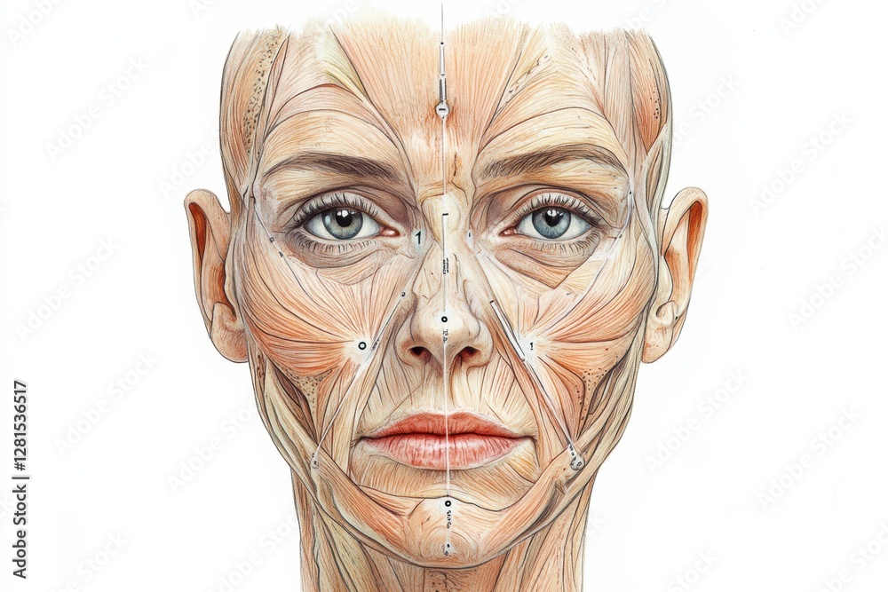 Medical illustration depicting detailed anatomy of a female face with ...