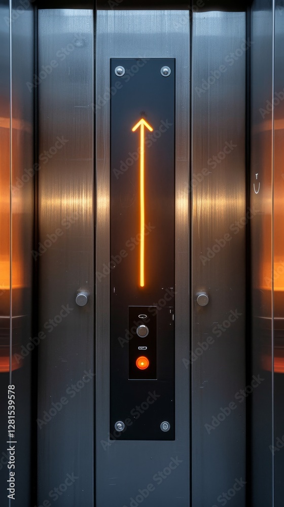 Elevator panel showing upward direction arrow and illuminated buttons ...